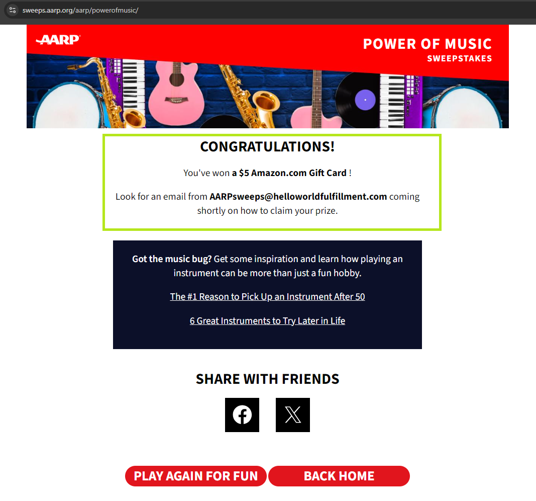 Re: AARP Power Of Music Sweepstakes - till 9-2 - AARP Online Community