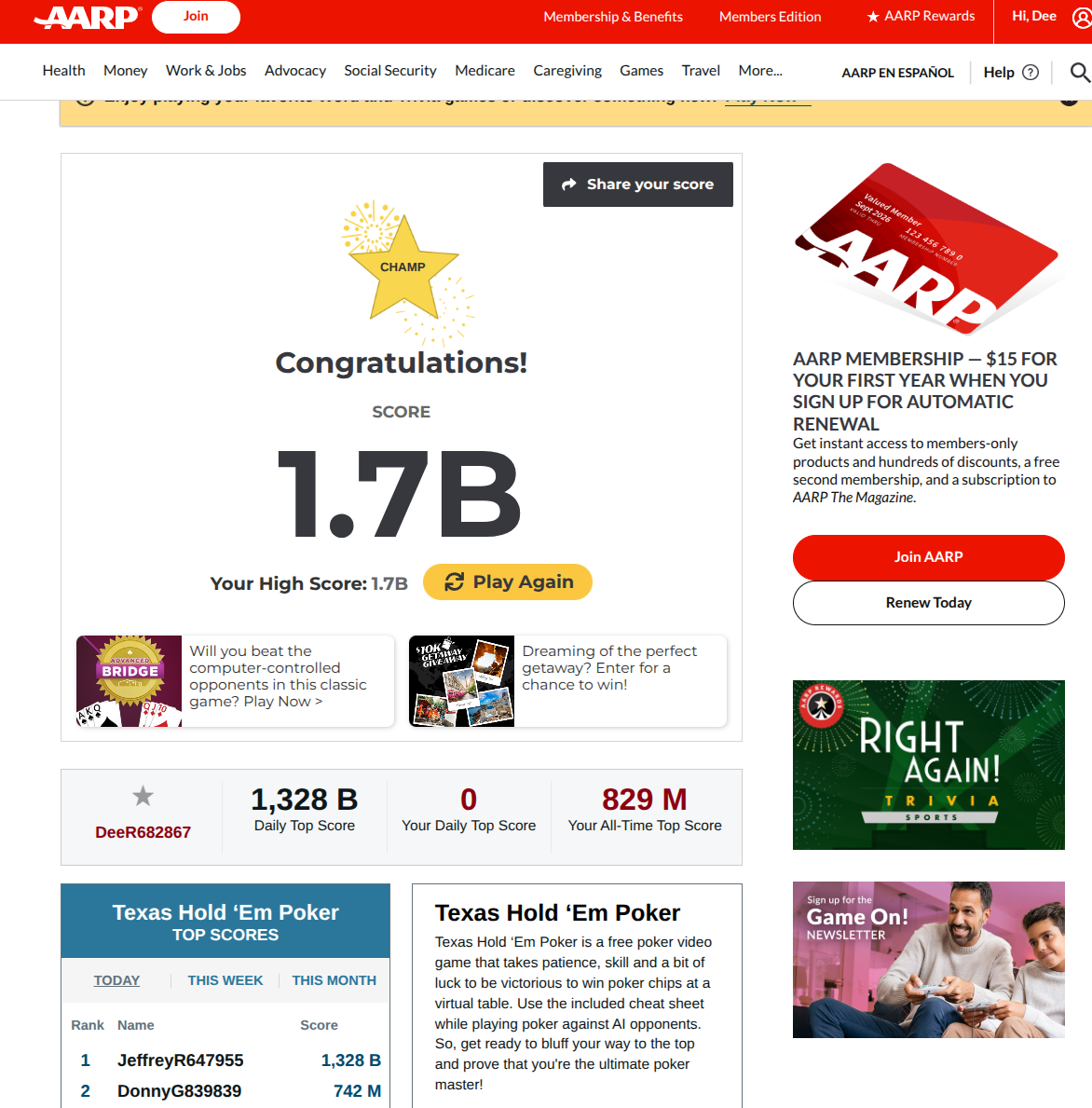 AARP Online Community and Discussion Forums - Texas Hold'em High scores ...